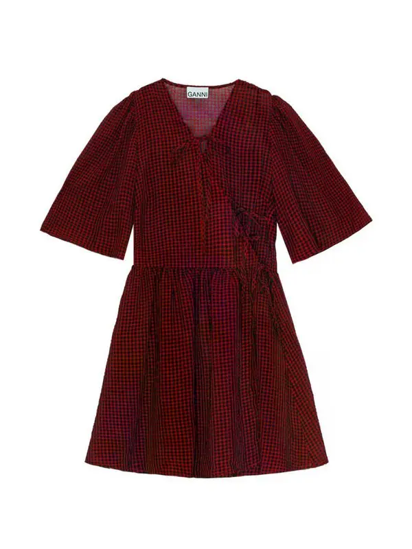 GANNI Gingham Check Mini Wrap Dress