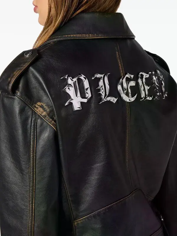 Philipp Plein Leather Biker Jacket With Logo Lettering