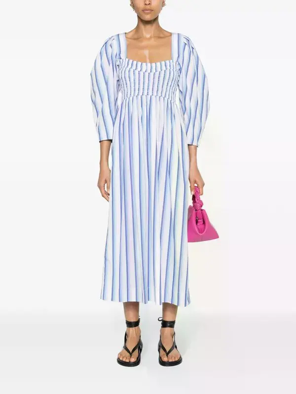GANNI Striped Poplin Midi Dress - Blue