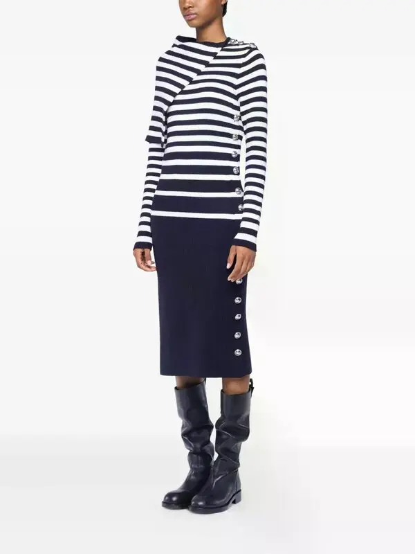 Rabanne Wool Midi Dress With Vertical Stripes And Button Detailing
