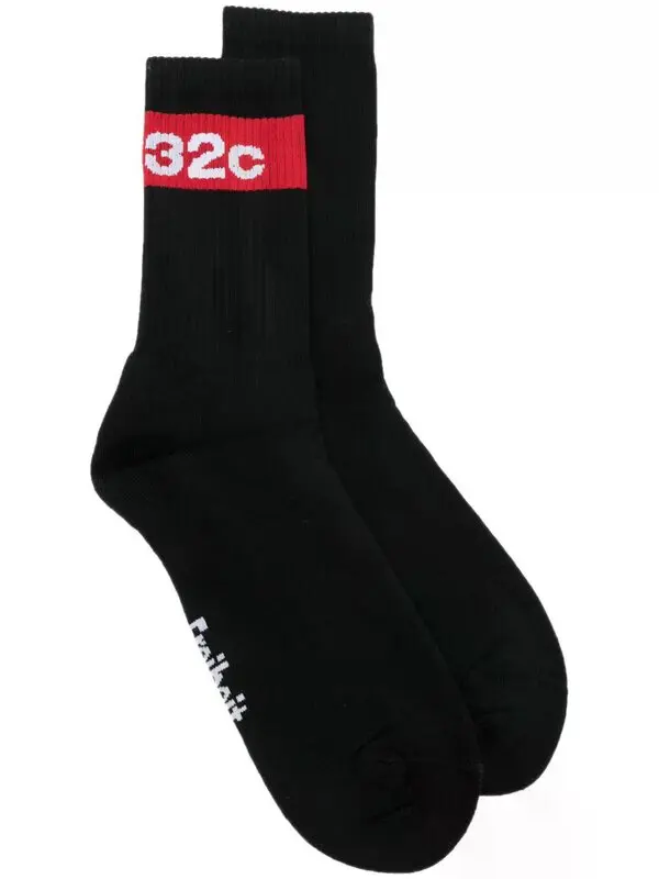 032C Logo Print Knit Crew Socks - Black