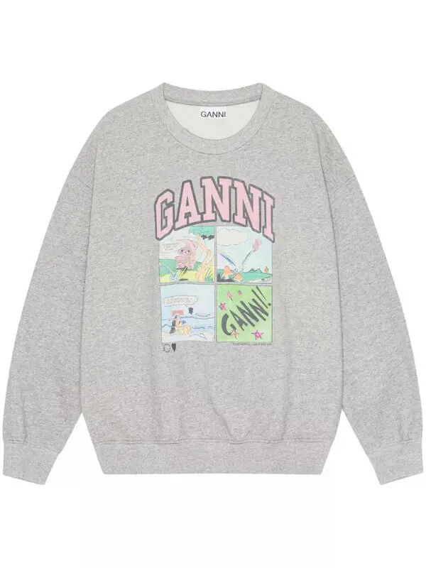 GANNI Graphic Print Crew Neck Sweatshirt - Grey