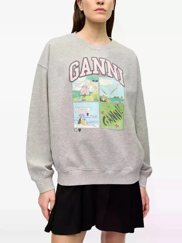 GANNI Graphic Print Crew Neck Sweatshirt - Grey