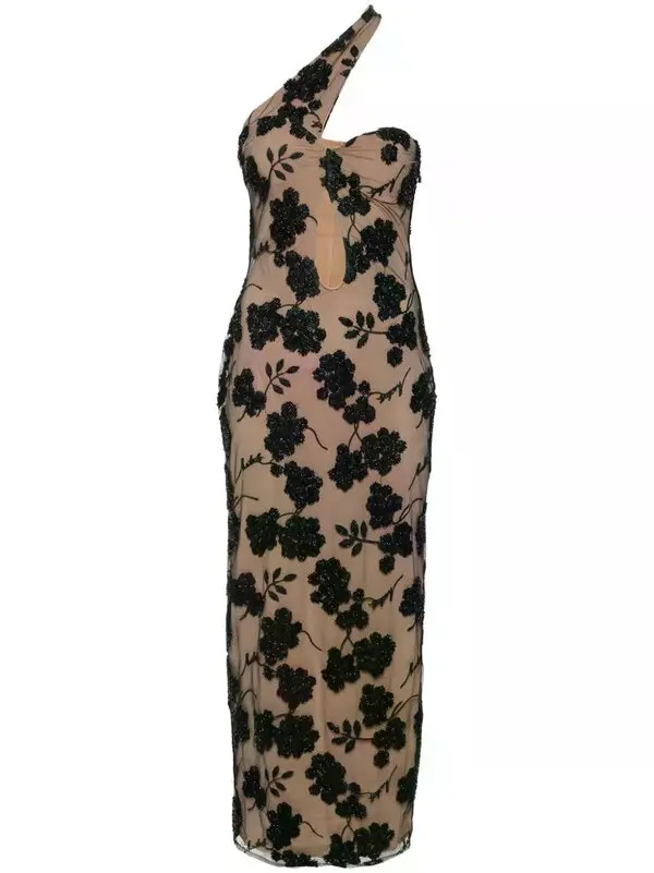 ROTATE BY BIRGER CHRISTENSEN Asymmetric Neck Floral Beaded Midi Dress - Neutrals
