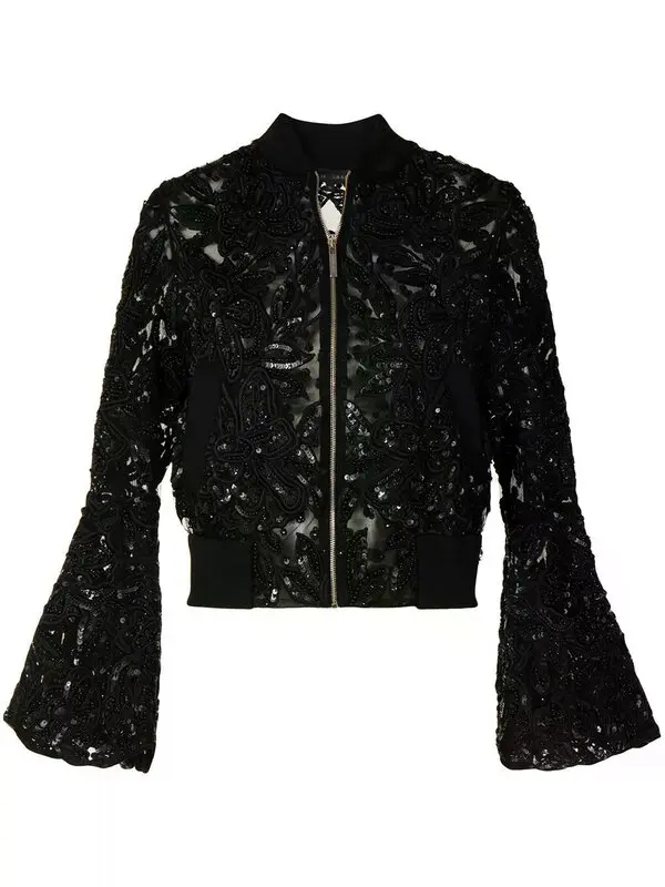 Elie Saab Sequin Embellished Bell Sleeve Bomber Jacket