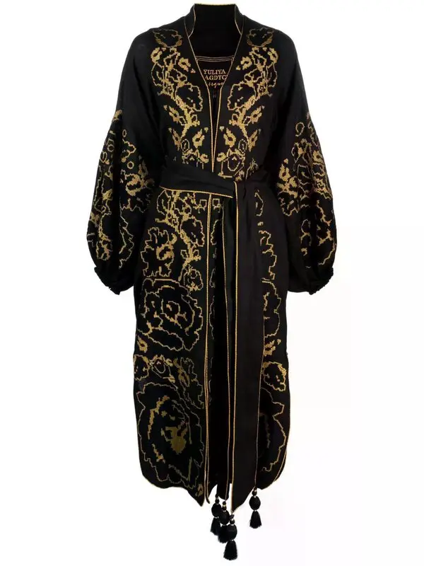 Yuliya Magdych Floral-embroidered Belted Dress - Black