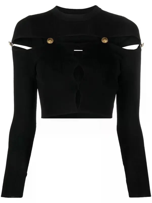 Versace Ribbed Knit Cut-out Long Sleeve Cropped Top - Black