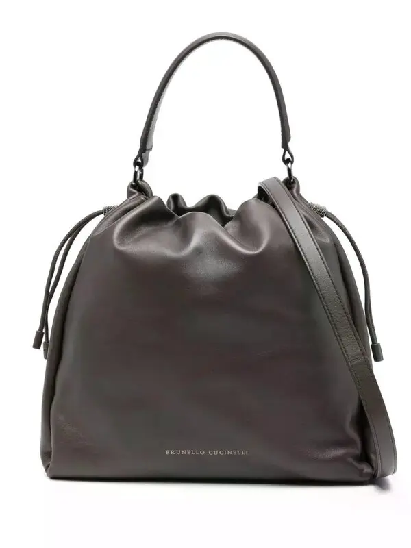 Brunello Cucinelli Smooth Grain Leather Bucket Bag With Monili Chain Detail - Grey