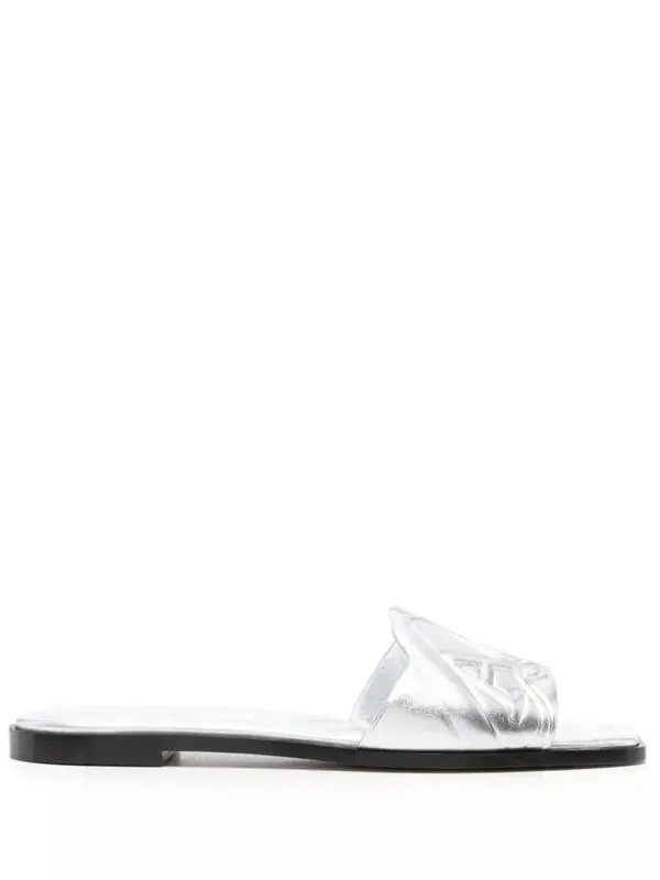 Alexander McQueen Embossed-logo Metallic Calf Leather Slides - Silver