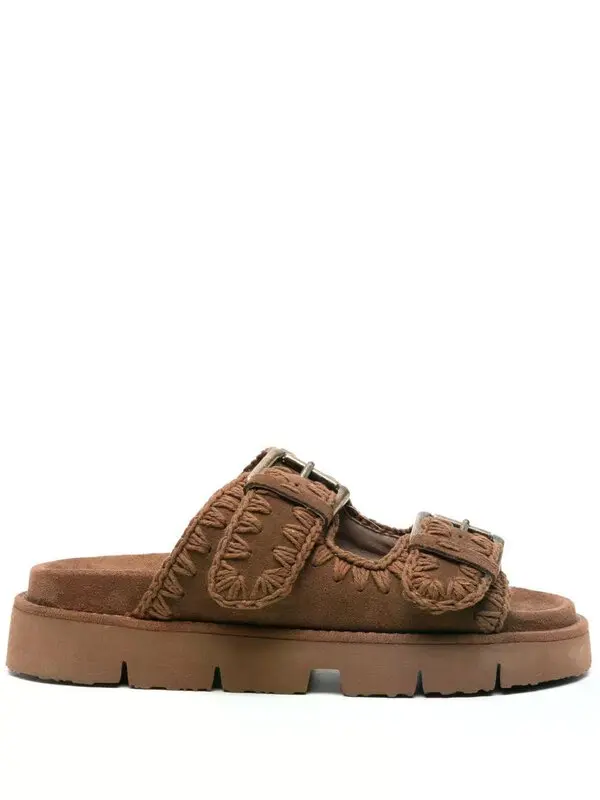 Mou Suede Slides With Whipstitch Trim - Brown