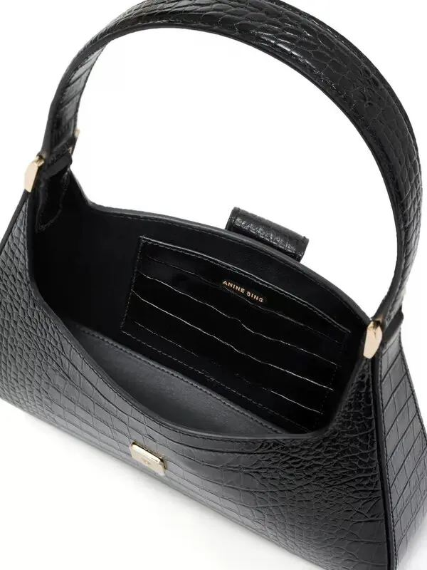 ANINE BING Embossed Crocodile Effect Shoulder Bag - Black