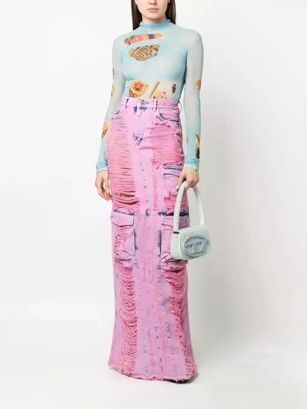 Gcds Frayed Denim Cargo Maxi Skirt
