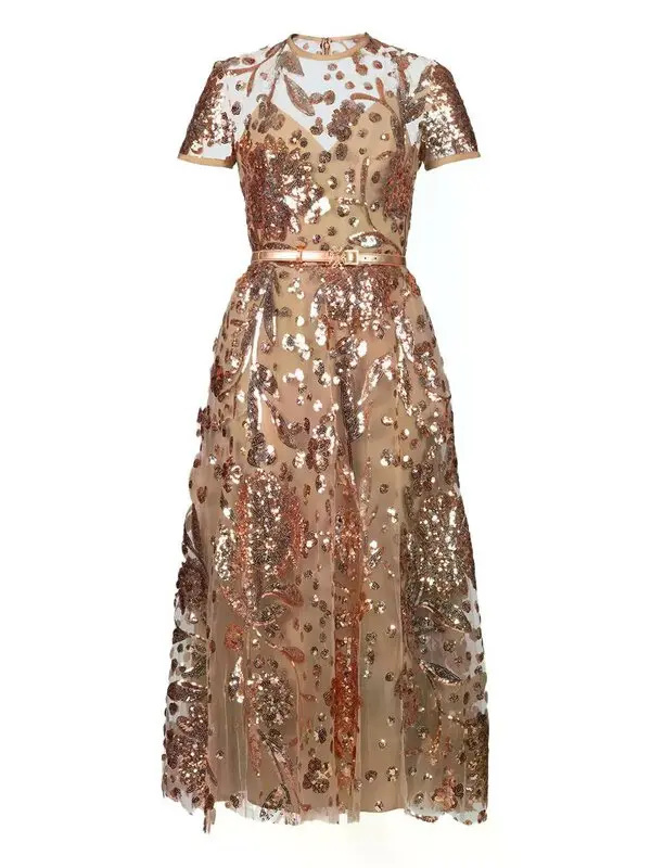 Elie Saab Embroidered Tulle Midi Dress - Neutrals