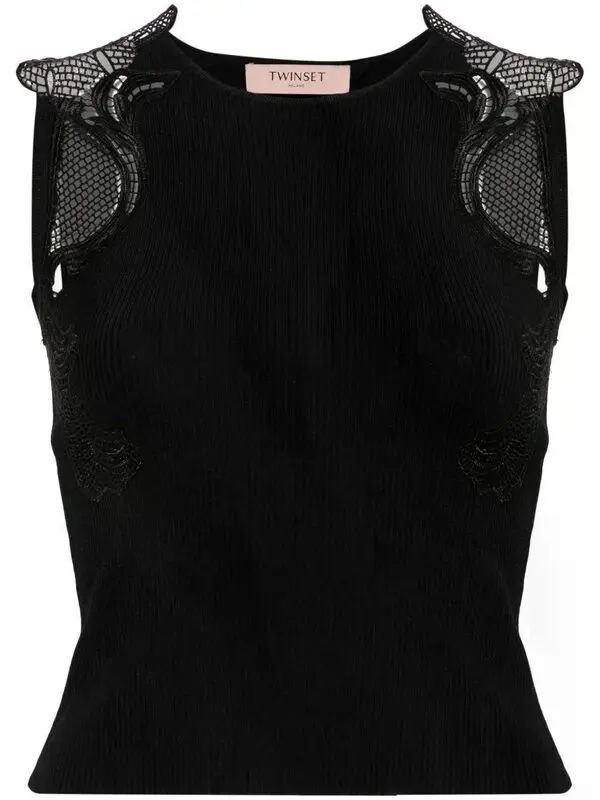TWINSET Lace Detail Ribbed Knit Top - Black