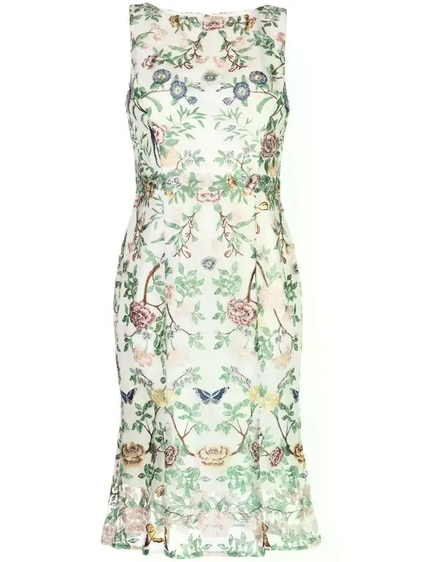 Marchesa Floral Embroidered Boat Neck Midi Dress - Neutrals