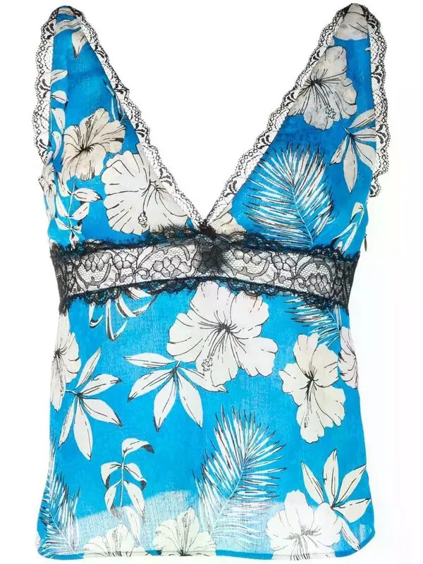 Pinko Floral-print Lace-trimmed V-neck Top - Blue