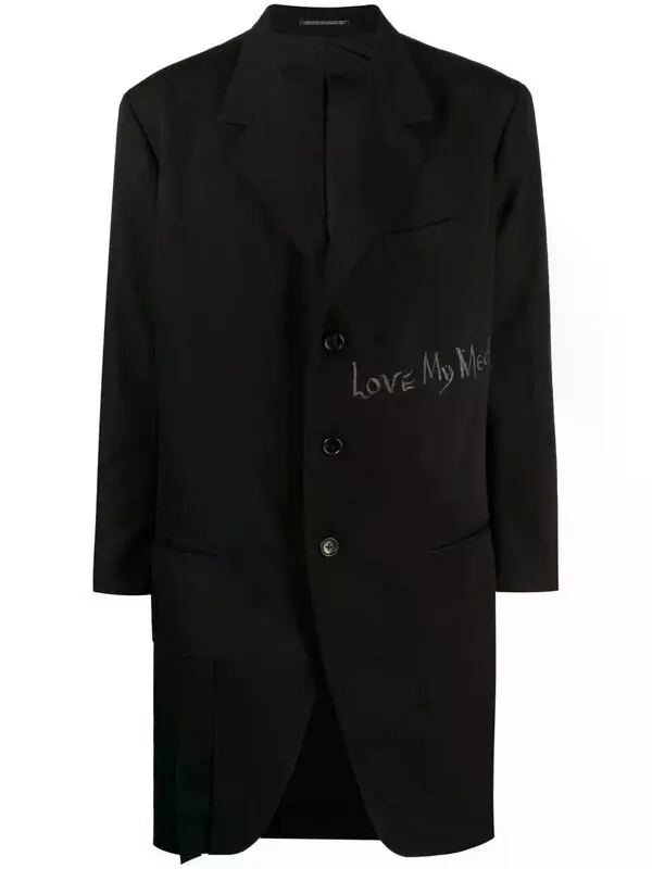 Yohji Yamamoto Wool Graphic Print Coat - Black