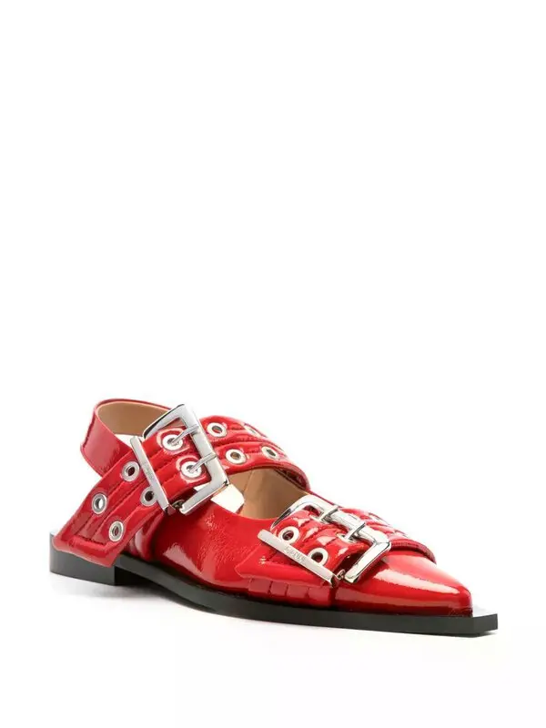 GANNI Wide Welt Buckled Ballerina Shoes - Red