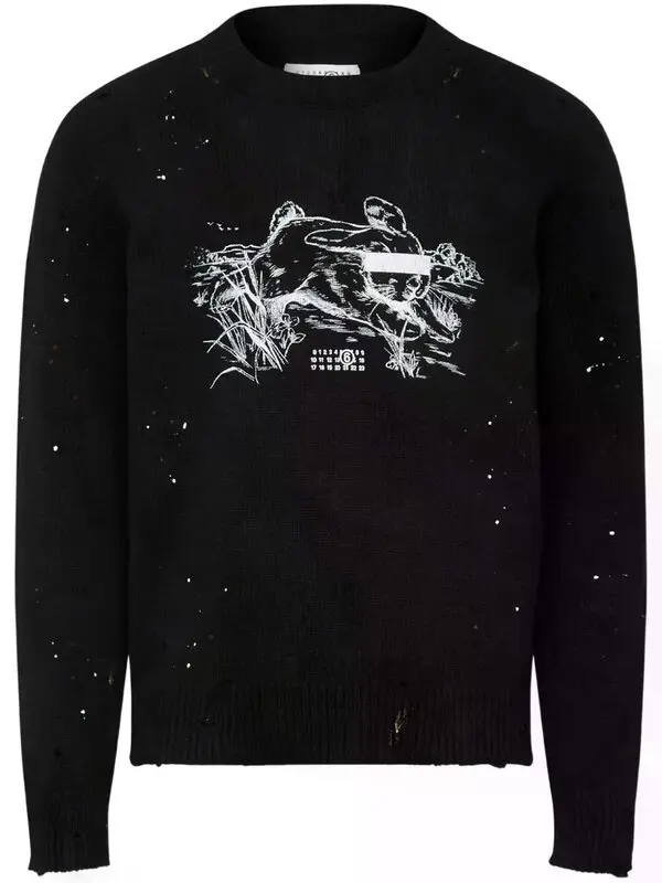 MAISON MARGIELA Crew Neck Sweater With Signature Numbers Motif - Black