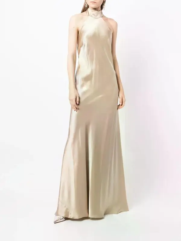 Michelle Mason Champagne Silk Satin Halterneck Gown - Gold