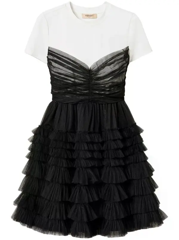 TWINSET Tulle Mini Dress With Crew Neck - Black
