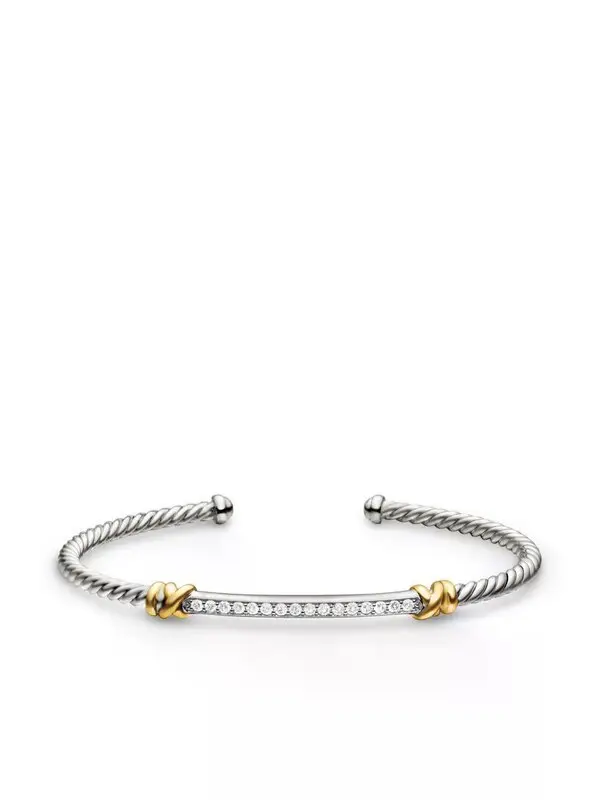 David Yurman 18kt Yellow Gold And Sterling Pavé Diamond Station Cable Cuff Bracelet - Silver