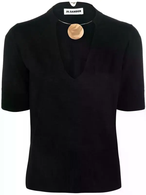 JIL SANDER Virgin Wool Plunging V-neck Short-sleeve Top With Gold-tone Hardware - Black