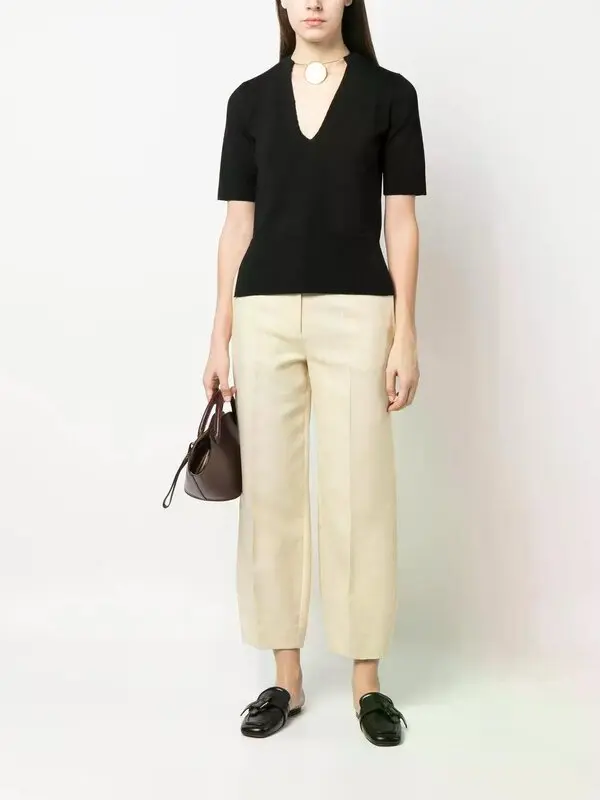 JIL SANDER Virgin Wool Plunging V-neck Short-sleeve Top With Gold-tone Hardware - Black