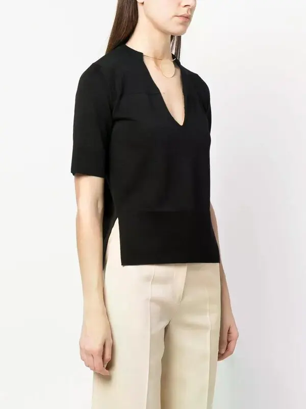 JIL SANDER Virgin Wool Plunging V-neck Short-sleeve Top With Gold-tone Hardware - Black