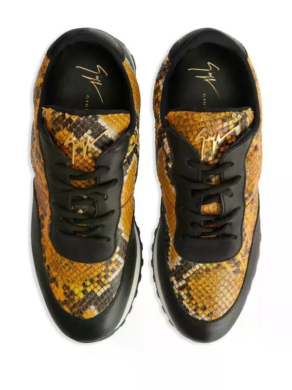 GIUSEPPE ZANOTTI Jimi Leather Panelled Snakeskin Print Sneakers - Orange