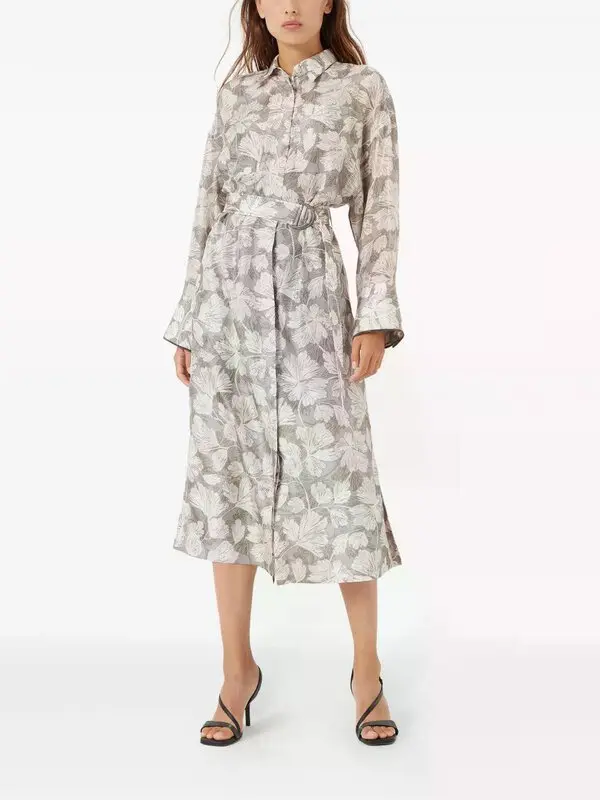 Brunello Cucinelli Silk Leaf Print Midi Dress