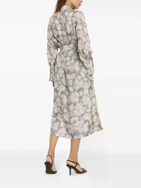 Brunello Cucinelli Silk Leaf Print Midi Dress