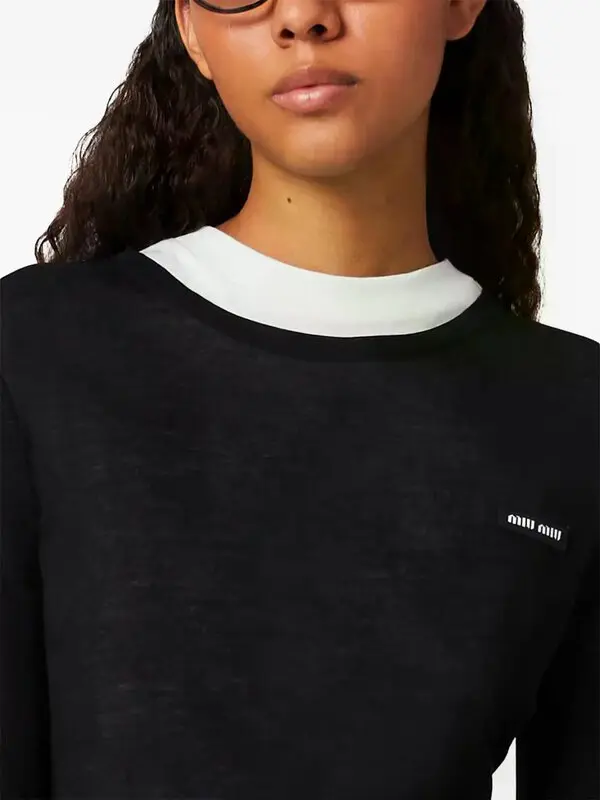 Miu Miu Ribbed Knit Jersey Dress With Logo Patch