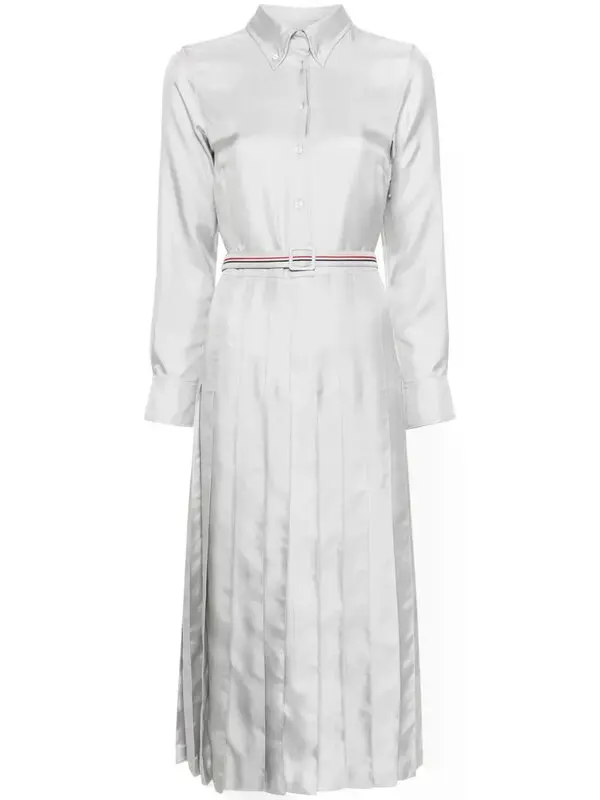 Thom Browne Rwb Stripe Belted Silk Midi Shirtdress - Grey