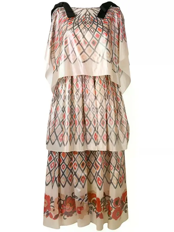 Fendi Geometric Print Tiered Maxi Dress With Cape - Neutrals