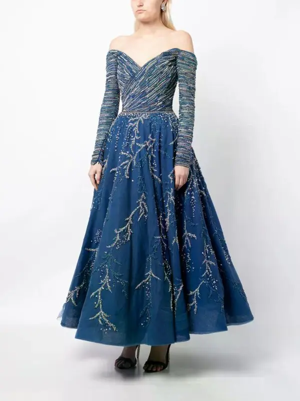 SAIID KOBEISY Beaded Off-shoulder Gown