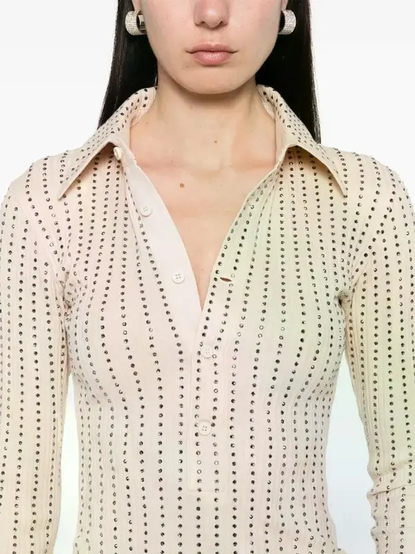 Attico Rhinestone-embellished Long-sleeve Polo Shirt - Neutrals