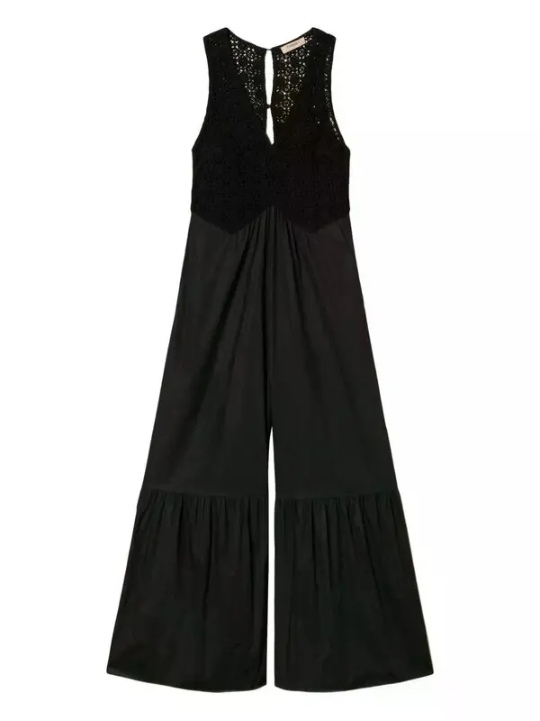 TWINSET Sleeveless V-neck Crochet Bodice Jumpsuit With Tiered Flared Trousers - Black