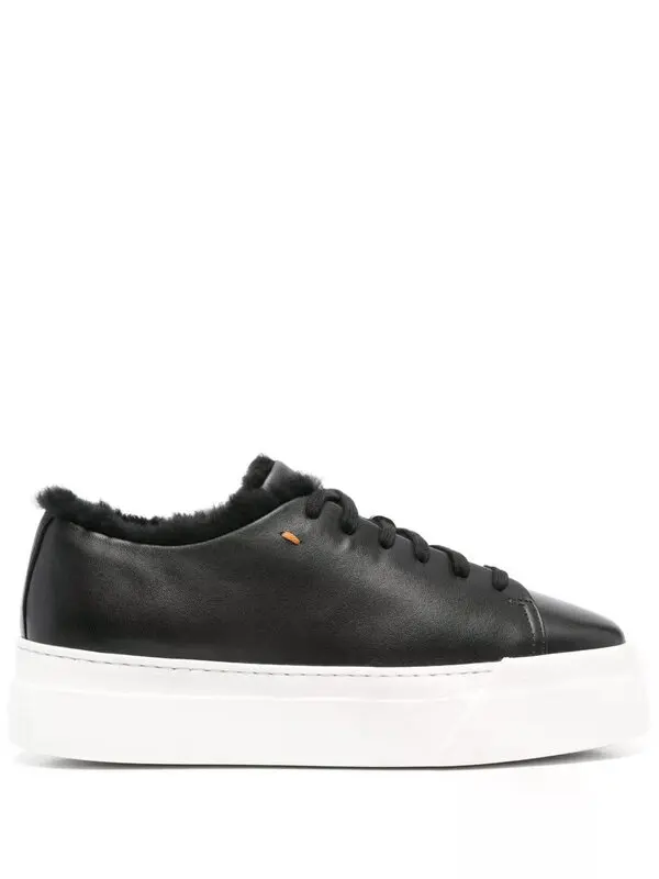 Santoni Leather Flatform Sneakers With Shearling Lining - Black
