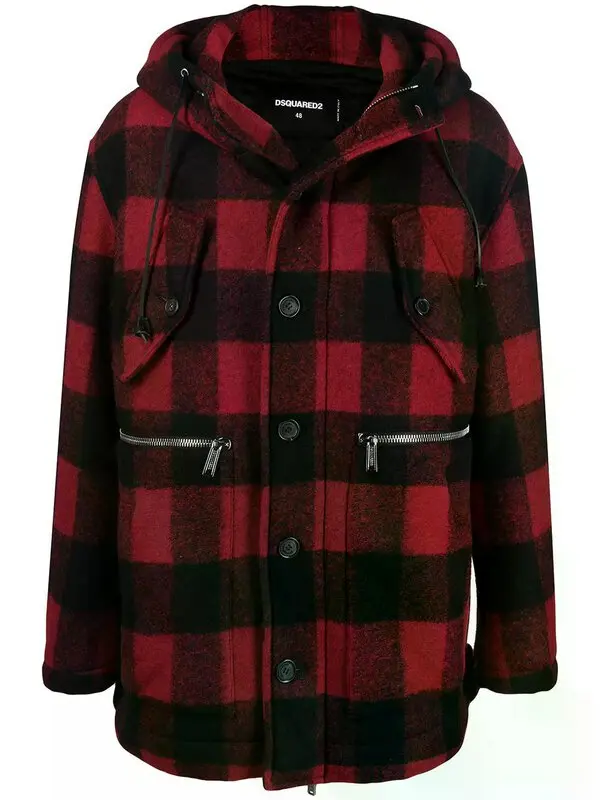 Dsquared2 Checked Single-breasted Coat With Drawstring Hood