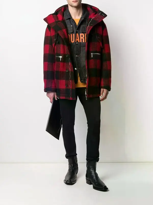 Dsquared2 Checked Single-breasted Coat With Drawstring Hood