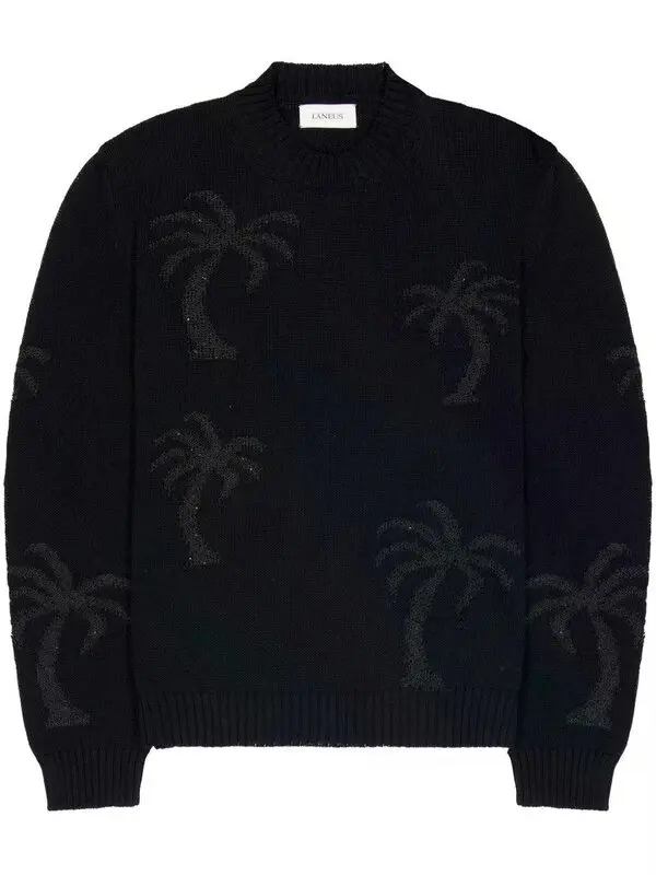 LANEUS Jacquard Sweater With Palm Tree Print - Black