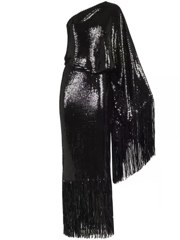 TALLER MARMO Sequined One-shoulder Maxi Dress With Fringed Detailing - Black