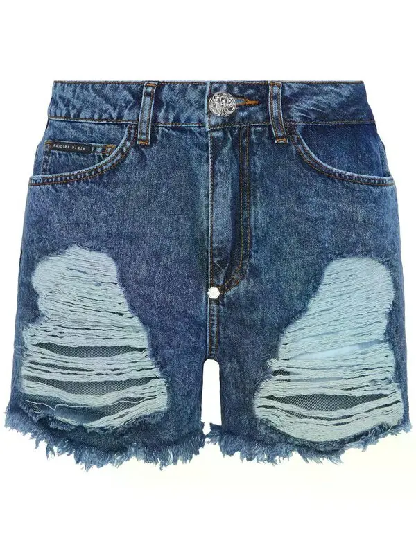 Philipp Plein Mid-rise Ripped Denim Shorts - Blue