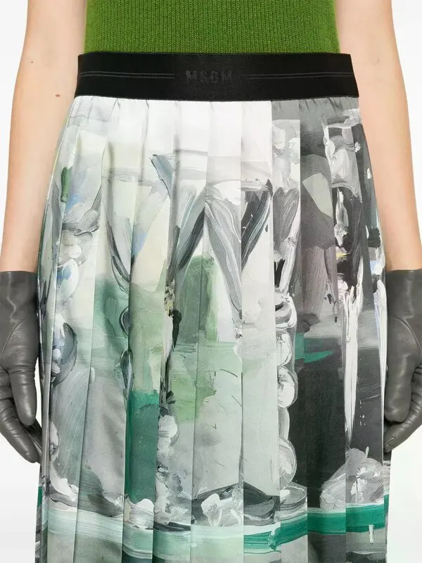 MSGM Pleated Maxi Skirt With Painterly Print