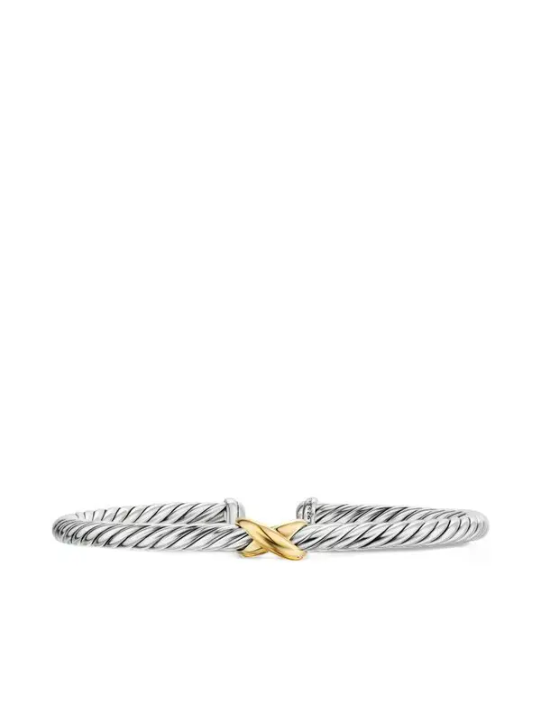 David Yurman 14k Yellow Gold And Sterling Cable Flex X Station Bangle - Silver