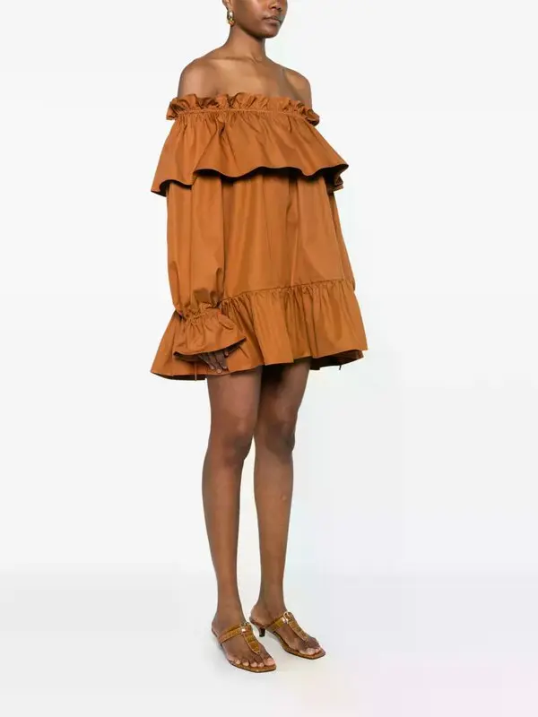 Saint Laurent Off-shoulder Ruffled Mini Dress - Brown