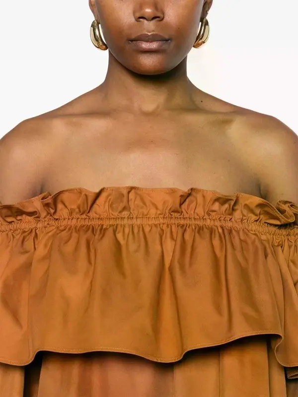Saint Laurent Off-shoulder Ruffled Mini Dress - Brown