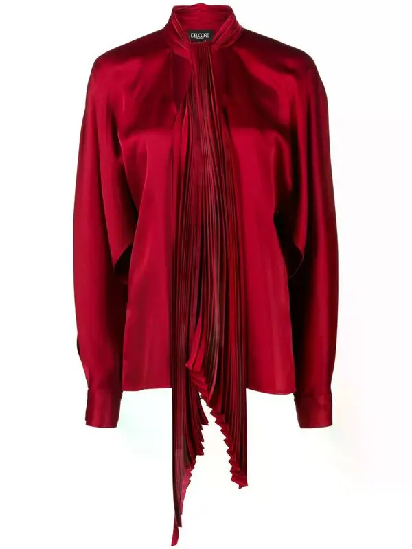 DEL CORE Pleated Pussy-bow Satin Blouse - Red
