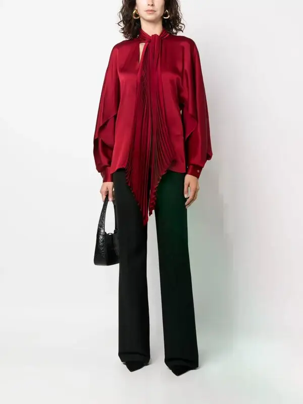 DEL CORE Pleated Pussy-bow Satin Blouse